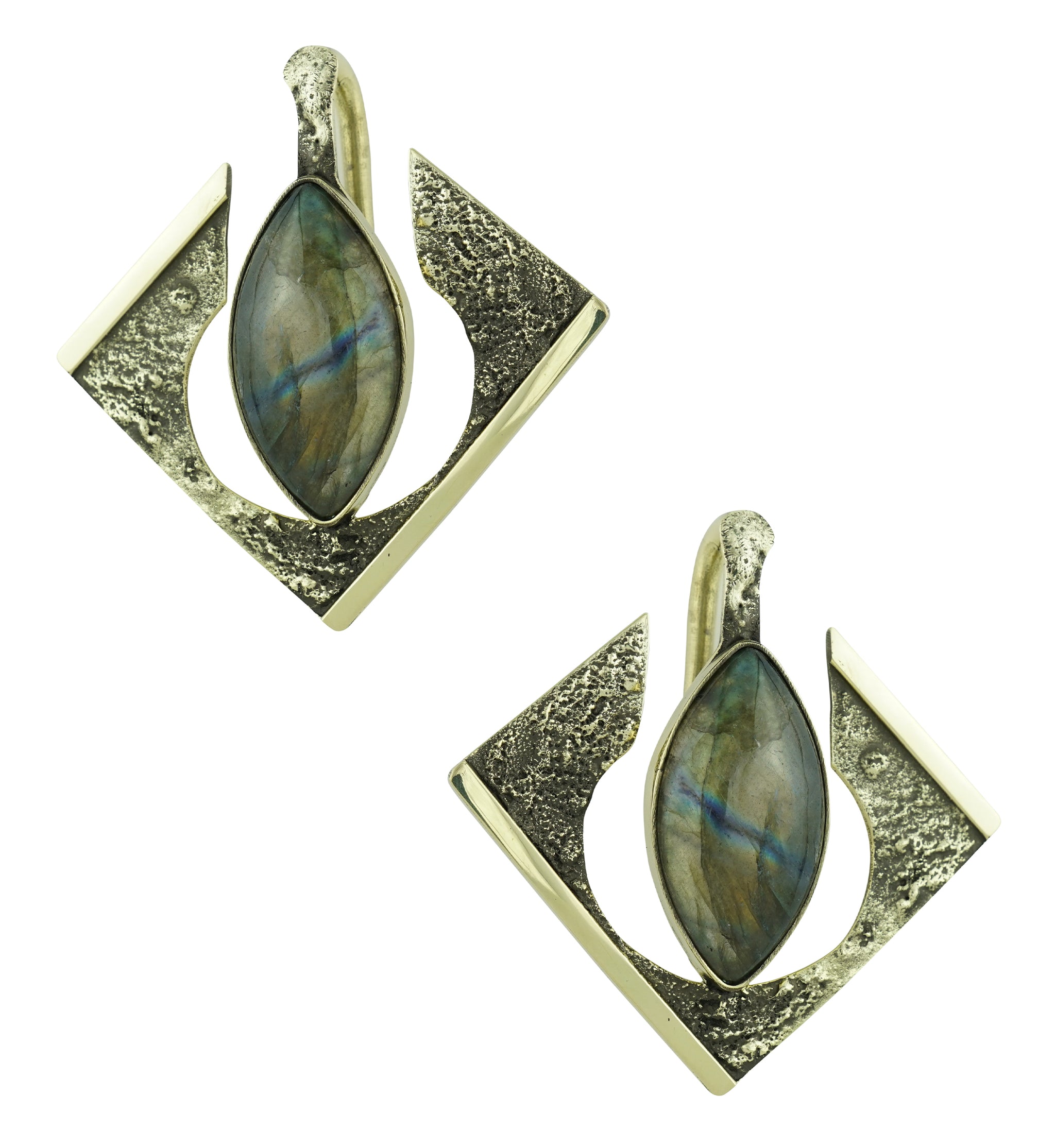 Rhombus Hammered Ellipse Labradorite Stone Inlay Brass Ear Weights
