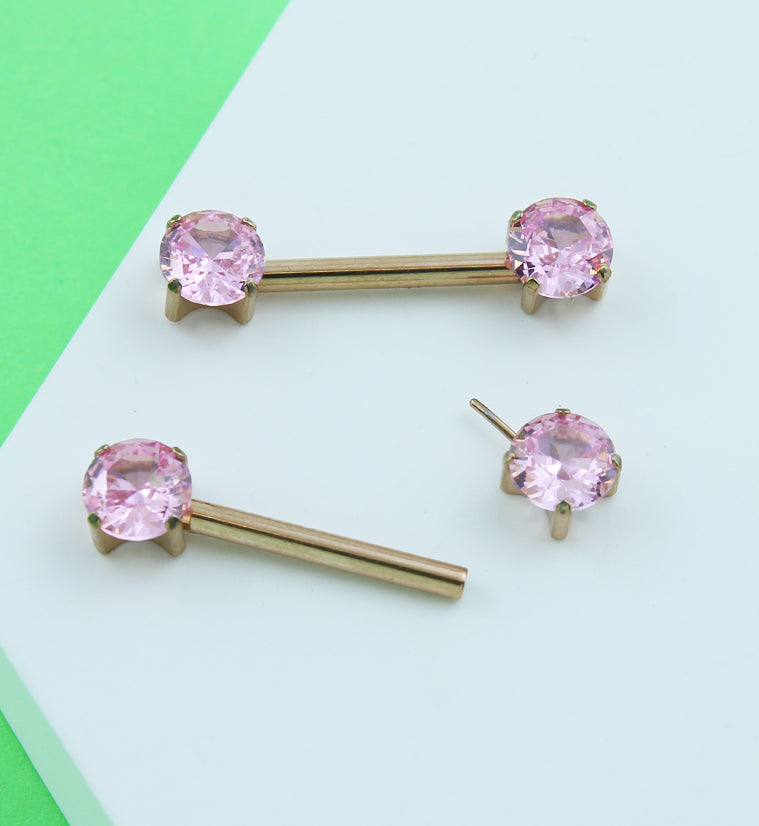 Rose Gold PVD Prong Pink CZ Threadless Titanium Nipple Barbells ...