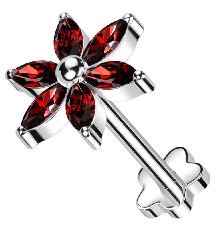 Senary Flower Red CZ Flower Back Threadless Titanium Labret ...