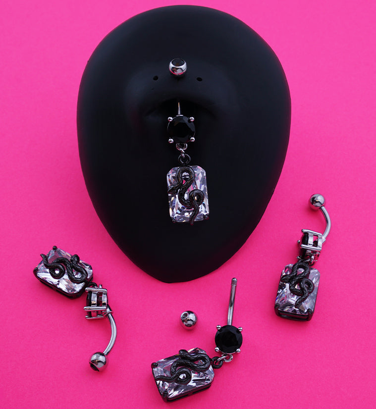 Snake Block Dangling Clear and Black CZ Stainless Steel Belly Button R ...