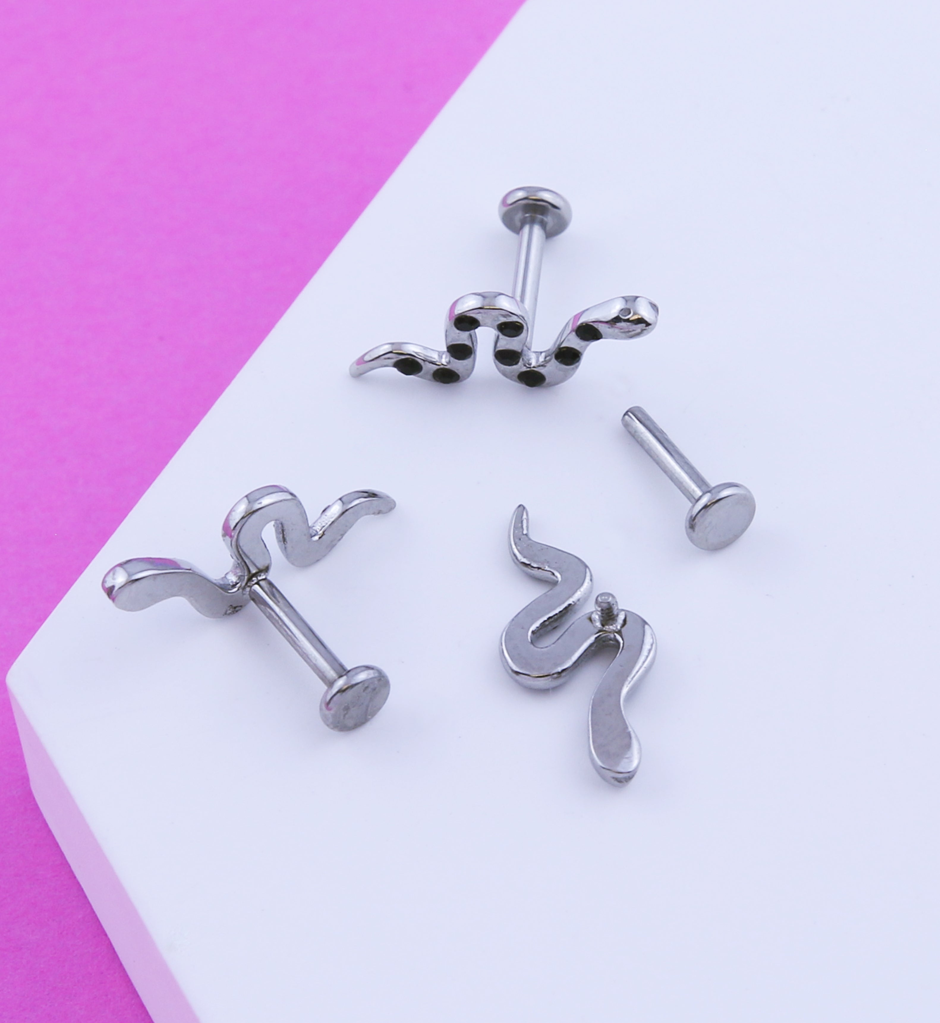 Spotted Snake Black CZ Stainless Steel Internally Threaded Labret | UrbanBodyJewelry.com