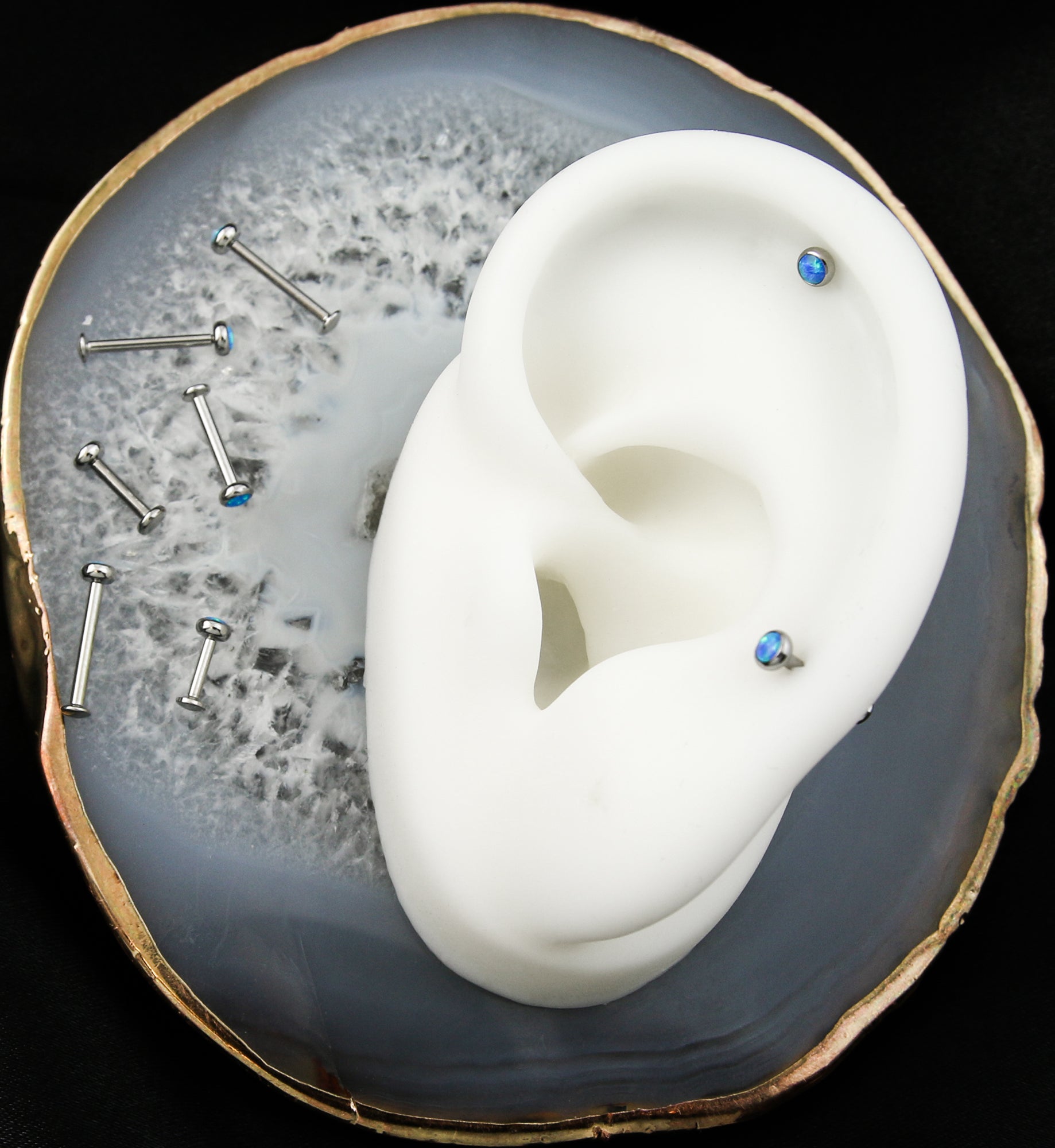 Blue Opalite Flatback Stainless Steel Labret | UrbanBodyJewelry.com