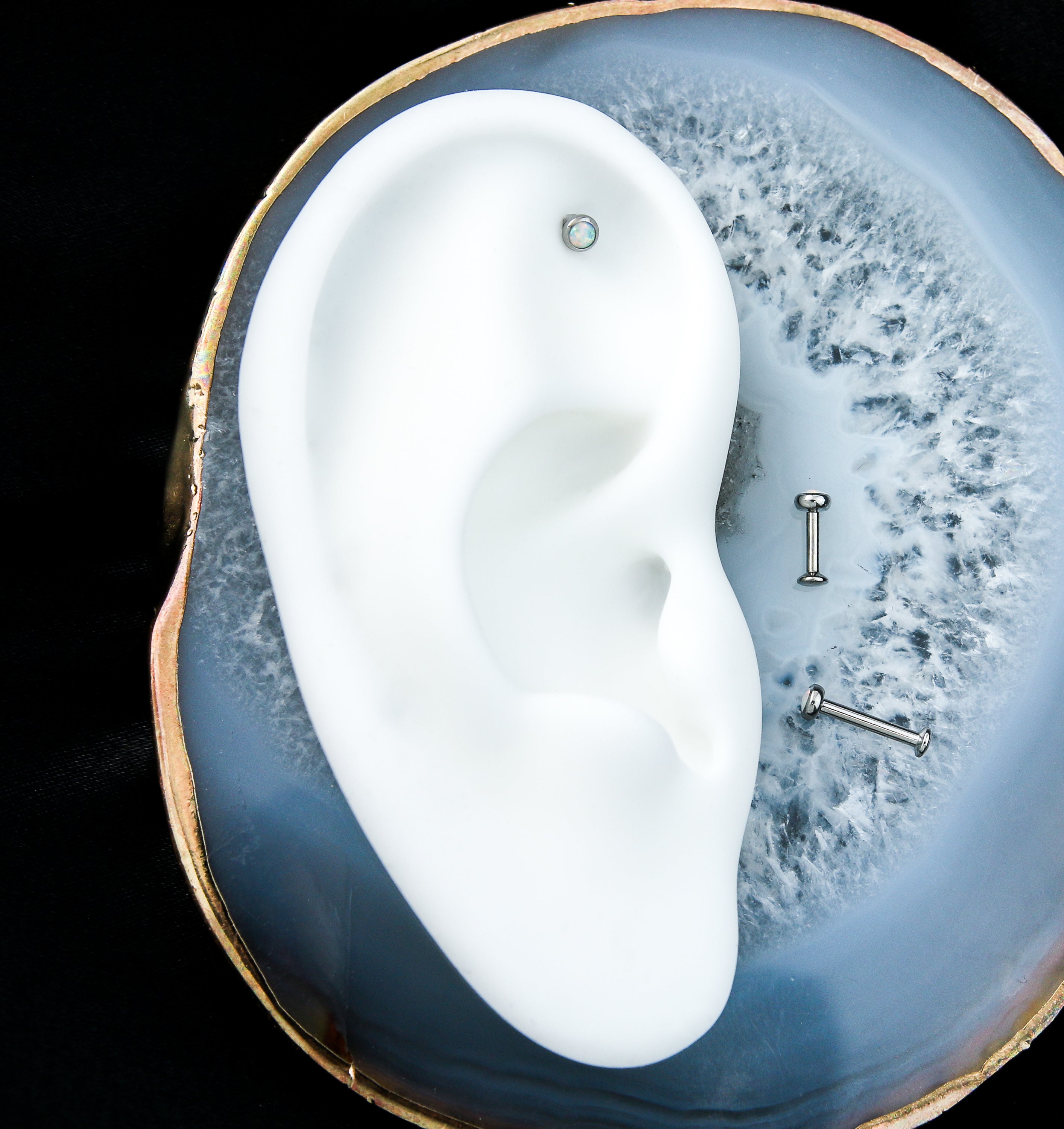 Stainless Steel White Opalite Flatback Labret | UrbanBodyJewelry.com