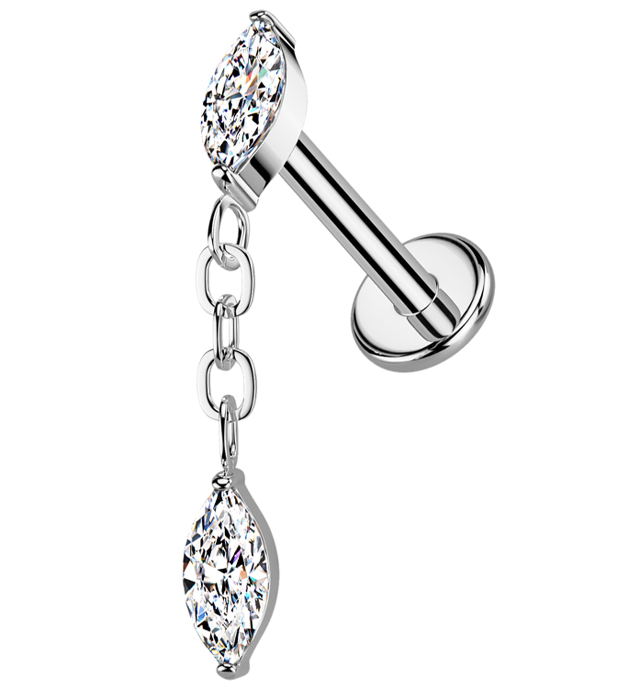 Teardrop Chain Link Dangle Clear CZ Internally Threaded Titanium Labre