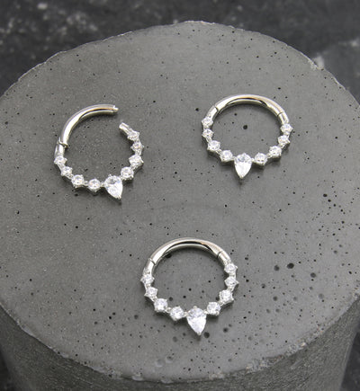 Teardrop Icicle Clear CZ Titanium Hinged Segment Ring