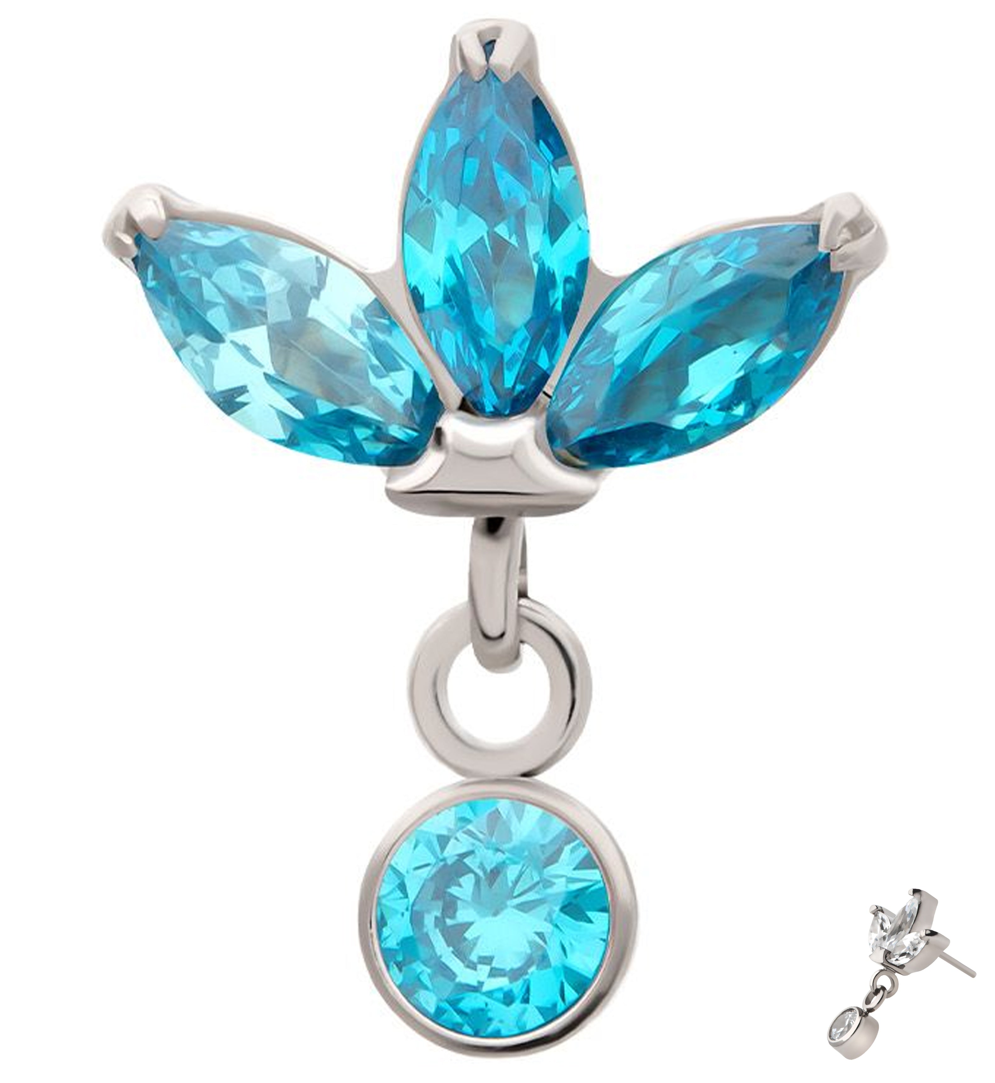 Triple Sepal Marquise Blue Topaz CZ Bezel Dangle Titanium Threadless T ...