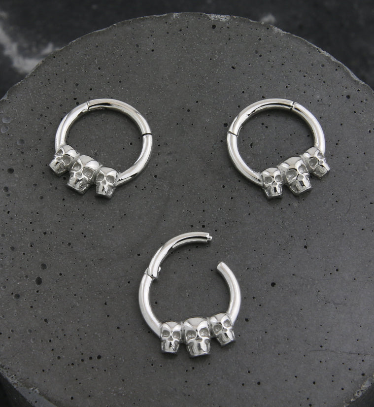 Triple Skull Stainless Steel Hinged Segment Ring | UrbanBodyJewelry.com