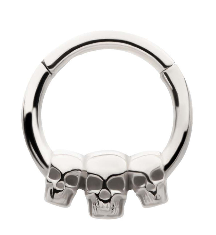 Triple Skull Stainless Steel Hinged Segment Ring | UrbanBodyJewelry.com