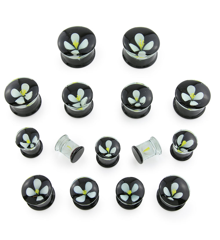 White Poppy Flower Black Glass Double Flare Plugs 0G - 1 ...