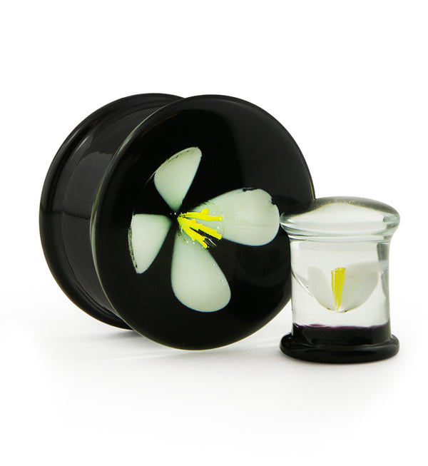 White Poppy Flower Black Glass Double Flare Plugs 0G - 1"