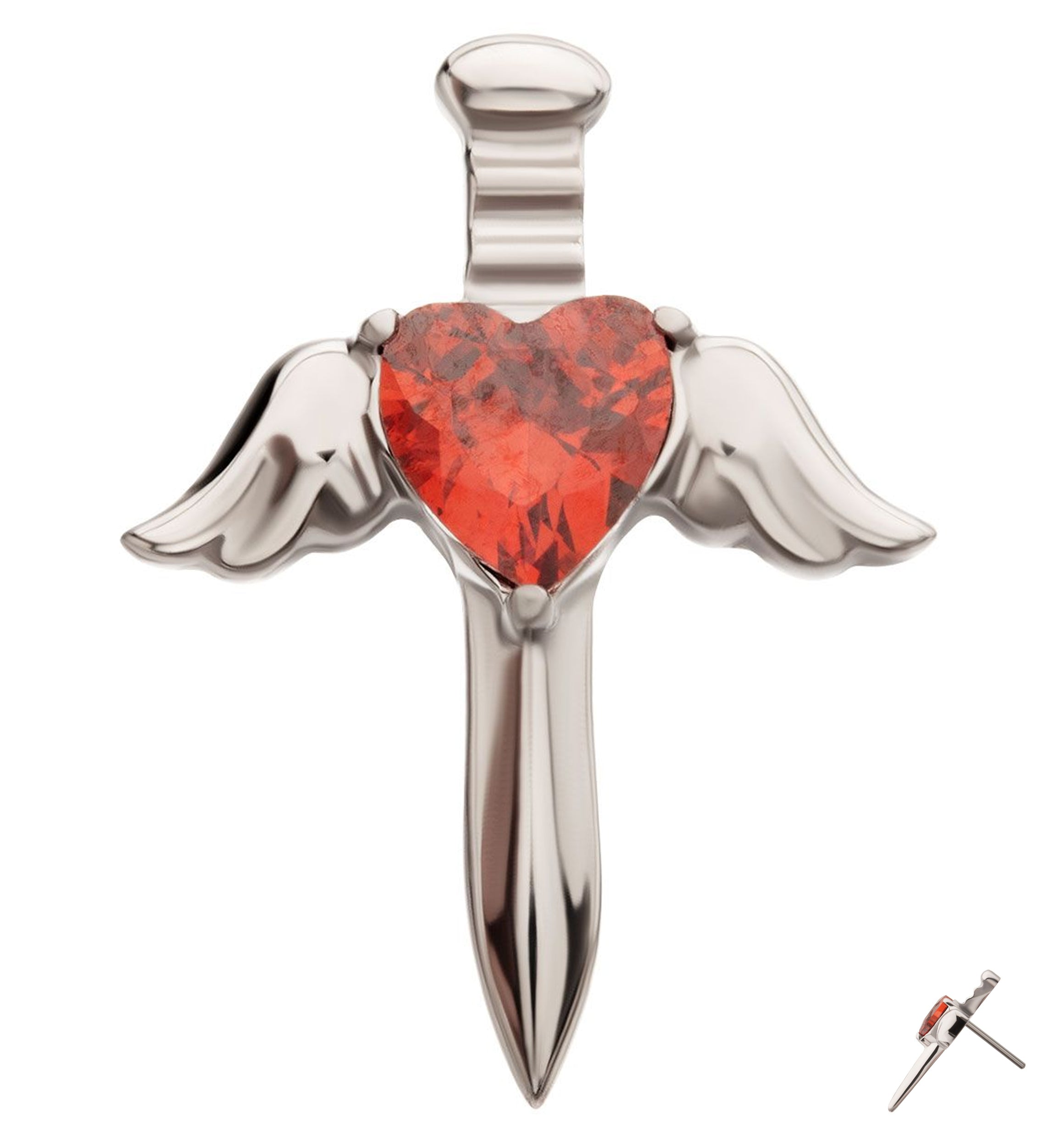 Angel Dagger Red Heart CZ Titanium Threadless Top | UrbanBodyJewelry.com