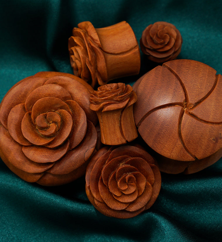 Carved Rosebud Wood Plugs (8 Gauge - 1 & 1/4 Inch) | UrbanBodyJewelry.com