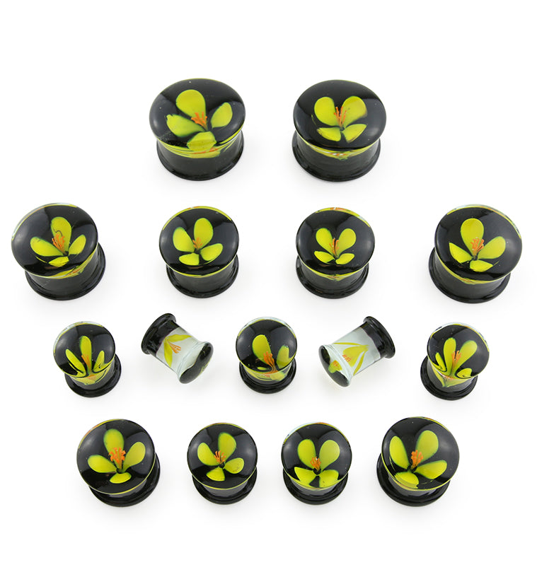 Yellow Poppy Flower Black Glass Double Flare Plugs 0G - 1 ...