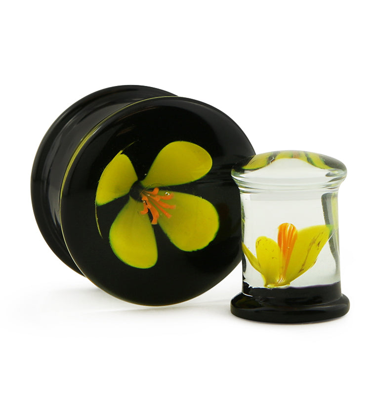 Yellow Poppy Flower Black Glass Double Flare Plugs 0G - 1"
