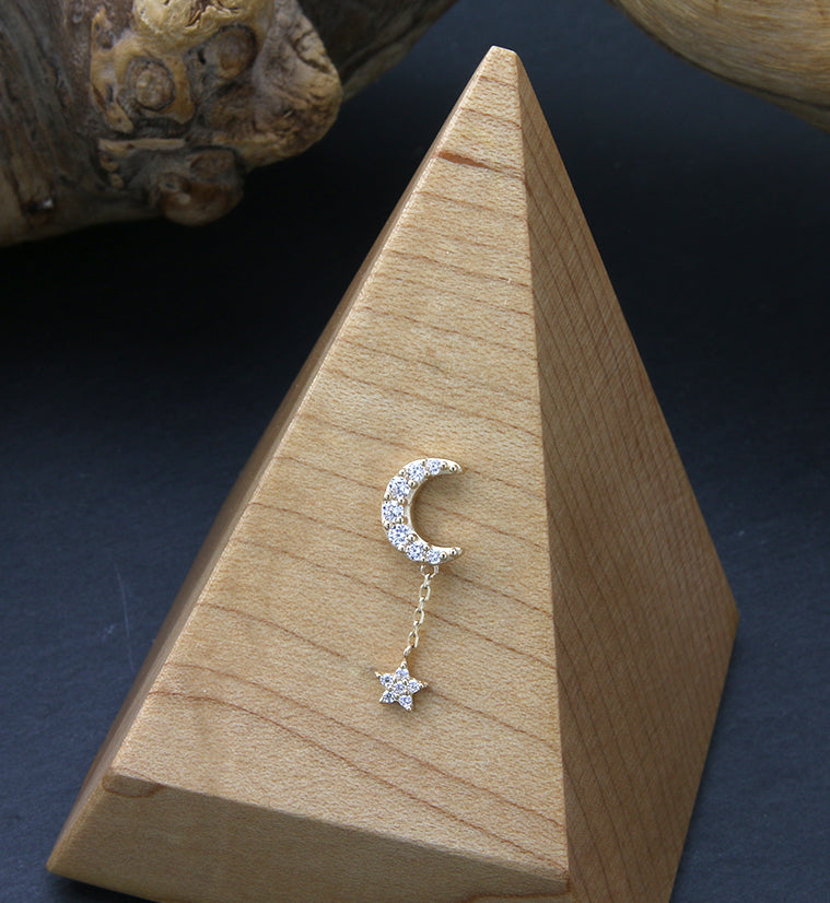 14kt Gold Crescent Moon CZ Dangle Star Threadless Top ...