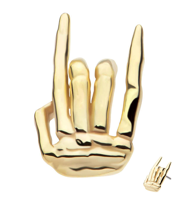 14kt Gold Skeleton Hand Rock On Threadless Top | UrbanBodyJewelry.com