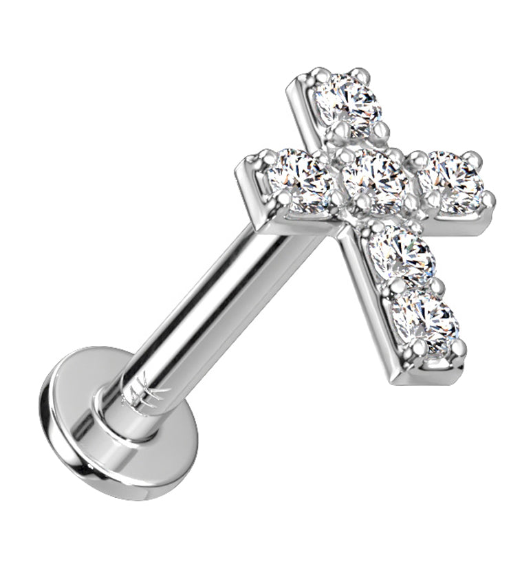 14kt White Gold Cross CZ Threadless Labret | UrbanBodyJewelry.com