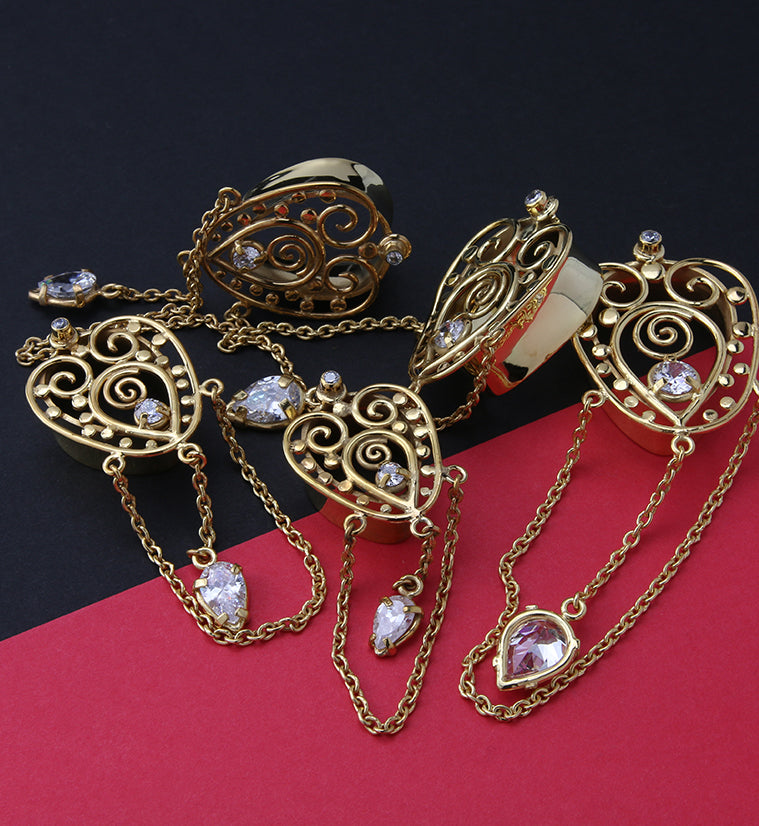 Gold PVD Brass Filigree Teardrop Tunnel Plugs With Chains (5/8" (16mm ...