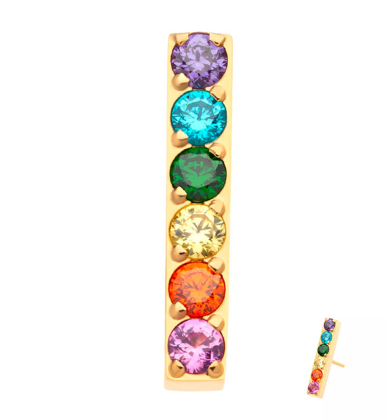 24kt Gold PVD Rainbow CZ Bar Threadless Titanium Top | UrbanBodyJewelry.com