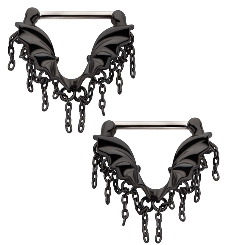 Black PVD Bat Wing Chains Nipple Clicker | UrbanBodyJewelry.com