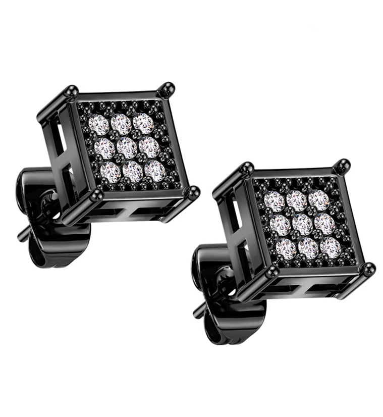 Black PVD Block Clear CZ Stainless Steel Stud Earrings ...