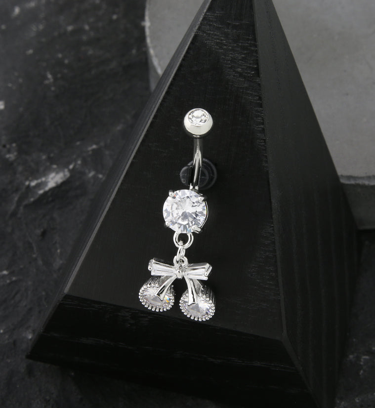 Cherry Bow CZ Dangle Stainless Steel Belly Button Ring ...