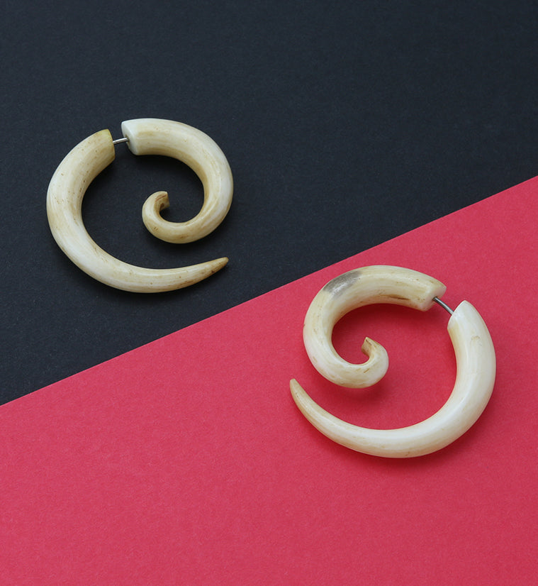 Bone Fake Gauge Spiral Tribal Earrings | UrbanBodyJewelry.com