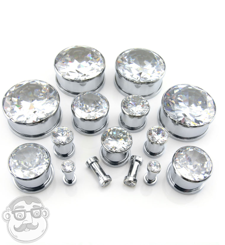 Faceted Gem CZ Top Stainless Steel Plugs (8G - 1 Inch ...