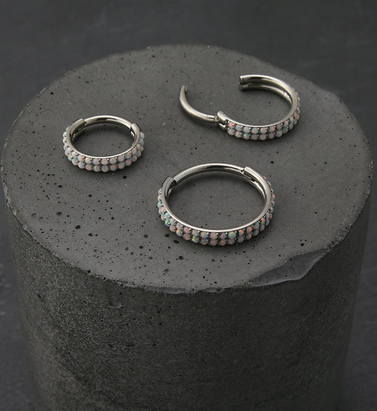 Double Row White Opalite Titanium Hinged Segment Ring | UrbanBodyJewelry.com