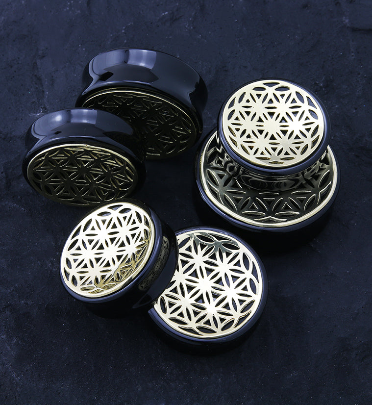 Flower of Life Obsidian Stone Plugs (35mm - 47mm) | UrbanBodyJewelry.com