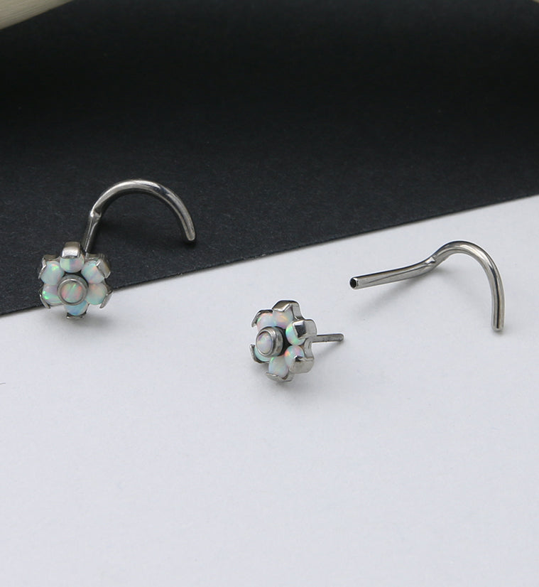 Flower White Opalite Titanium Threadless Nose Screw Ring ...