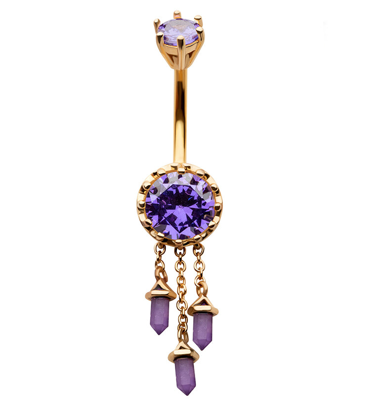 Gold PVD Amethyst Crystal Dangle Stainless Steel Belly Button Ring ...