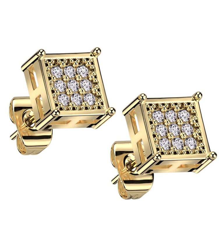 Gold PVD Block Clear CZ Stainless Steel Stud Earrings ...