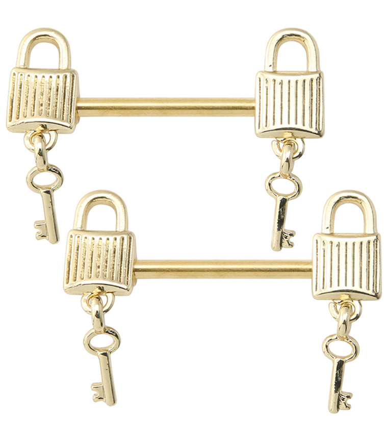 Gold PVD Dangling Key Lock Stainless Steel Nipple Barbell ...