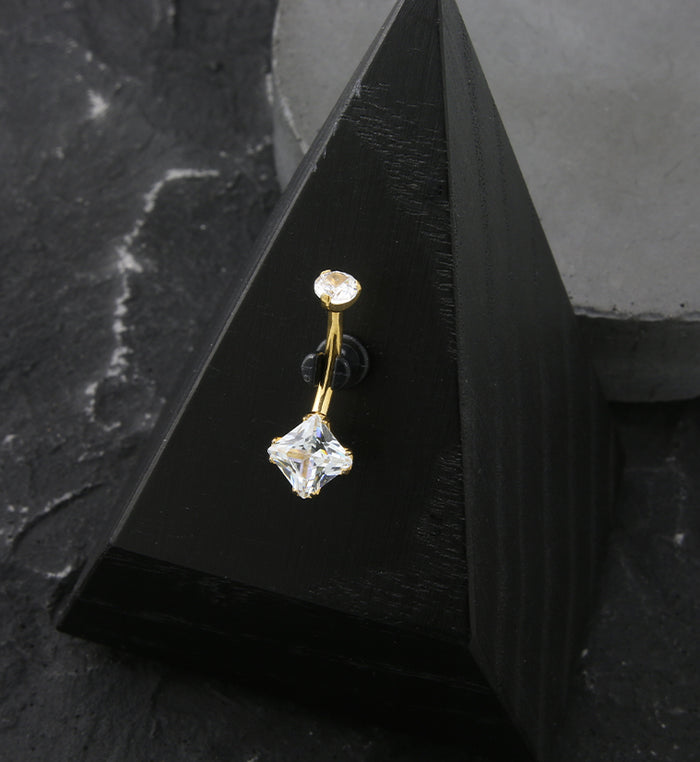 Gold PVD Square Clear CZ Internally Threaded Titanium Belly Button Rin