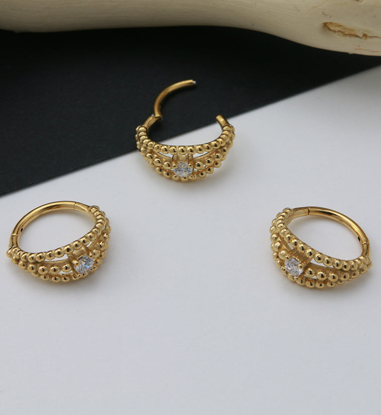 Gold PVD Triple Stacked Bead CZ Hinged Segment Ring | UrbanBodyJewelry.com