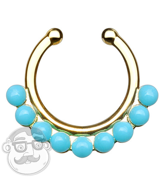 Turquoise Beaded Rim Golden Fake Septum Clicker Ring | UrbanBodyJewelry.com