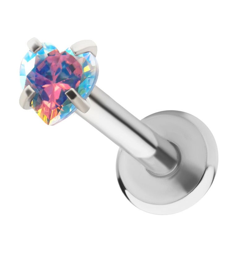 Heart Rainbow Aurora CZ Stainless Steel Internally Threaded Labret ...