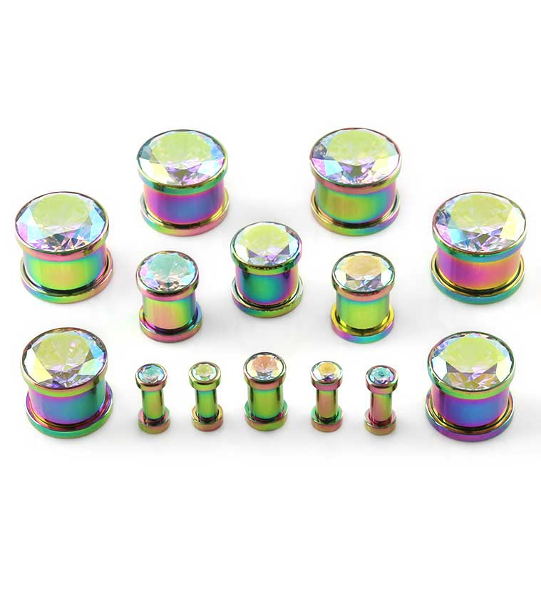 Rainbow Aurora Gem Stainless Steel Plugs (8G - 5/8") | UrbanBodyJewelry.com