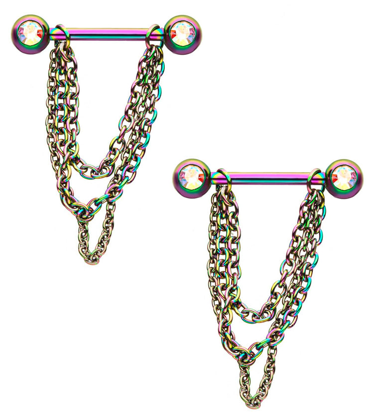 14G Rainbow PVD Rainbow Aurora CZ Chained Nipple Rings Barbell ...
