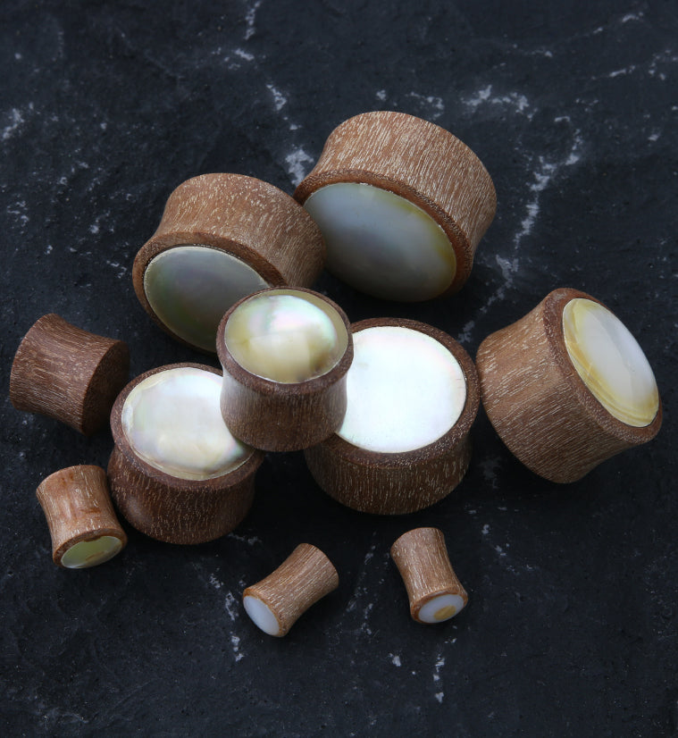 Saba Wood Pearl Shell Inlay Plugs | UrbanBodyJewelry.com