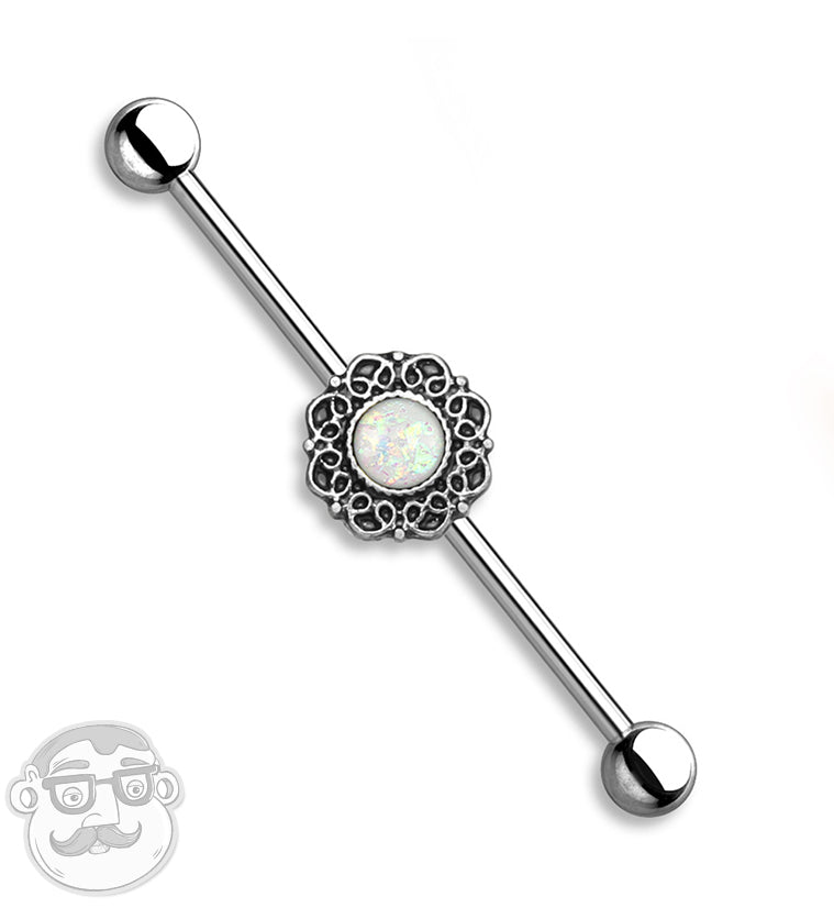 Filigree with Opal Inlay Industrial Barbell | UBJ.com