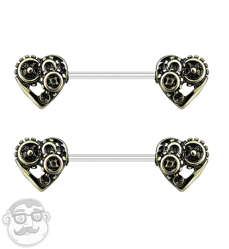 14G Golden Steampunk Heart Nipple Ring Barbell | UrbanBodyJewelry.com
