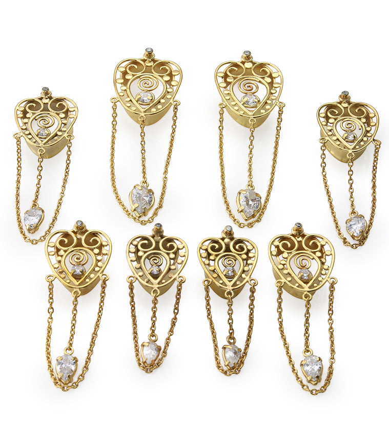 Gold PVD Brass Filigree Teardrop Tunnel Plugs With Chains (5/8" (16mm ...