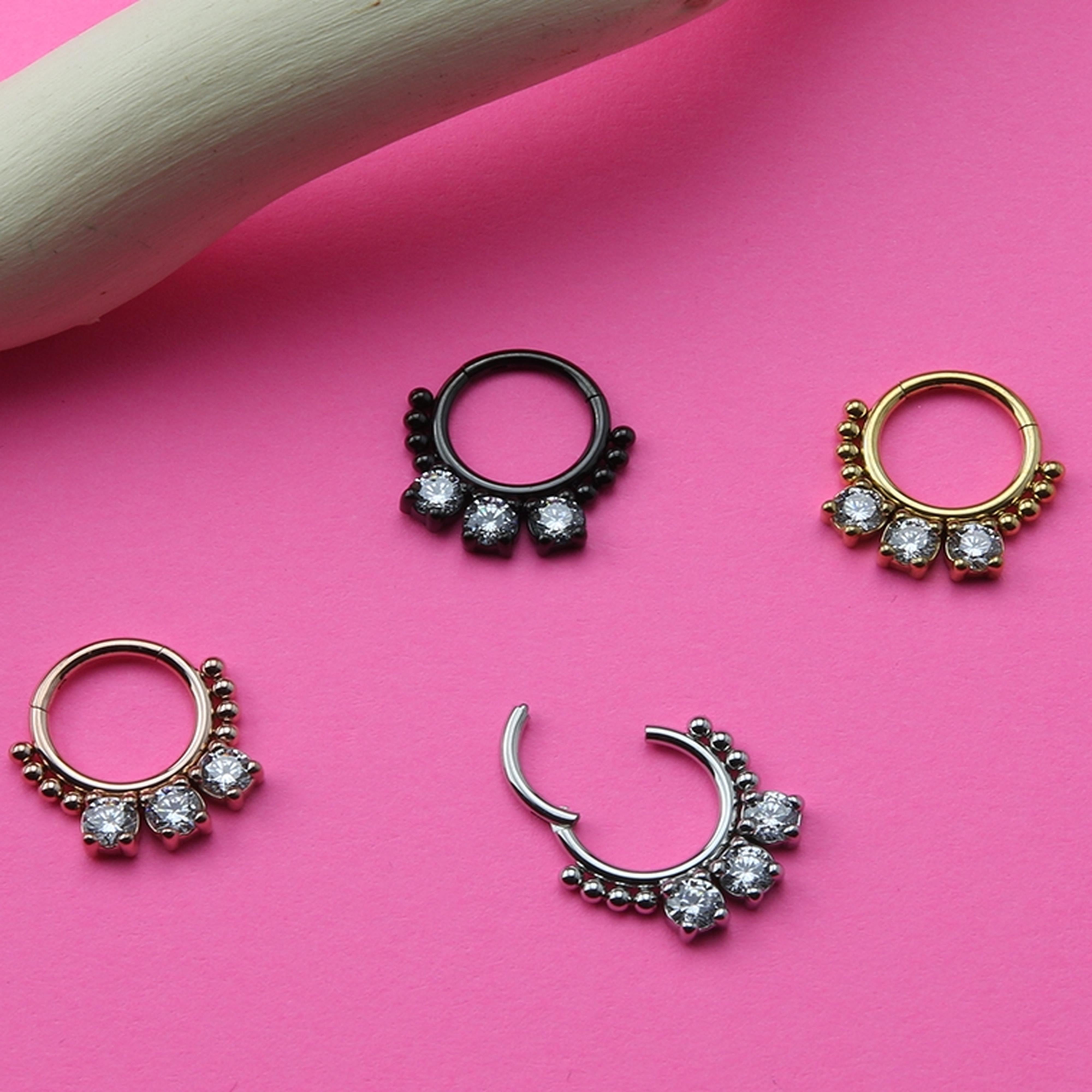 Triple CZ Bead Hinged Segment Ring | UrbanBodyJewelry.com